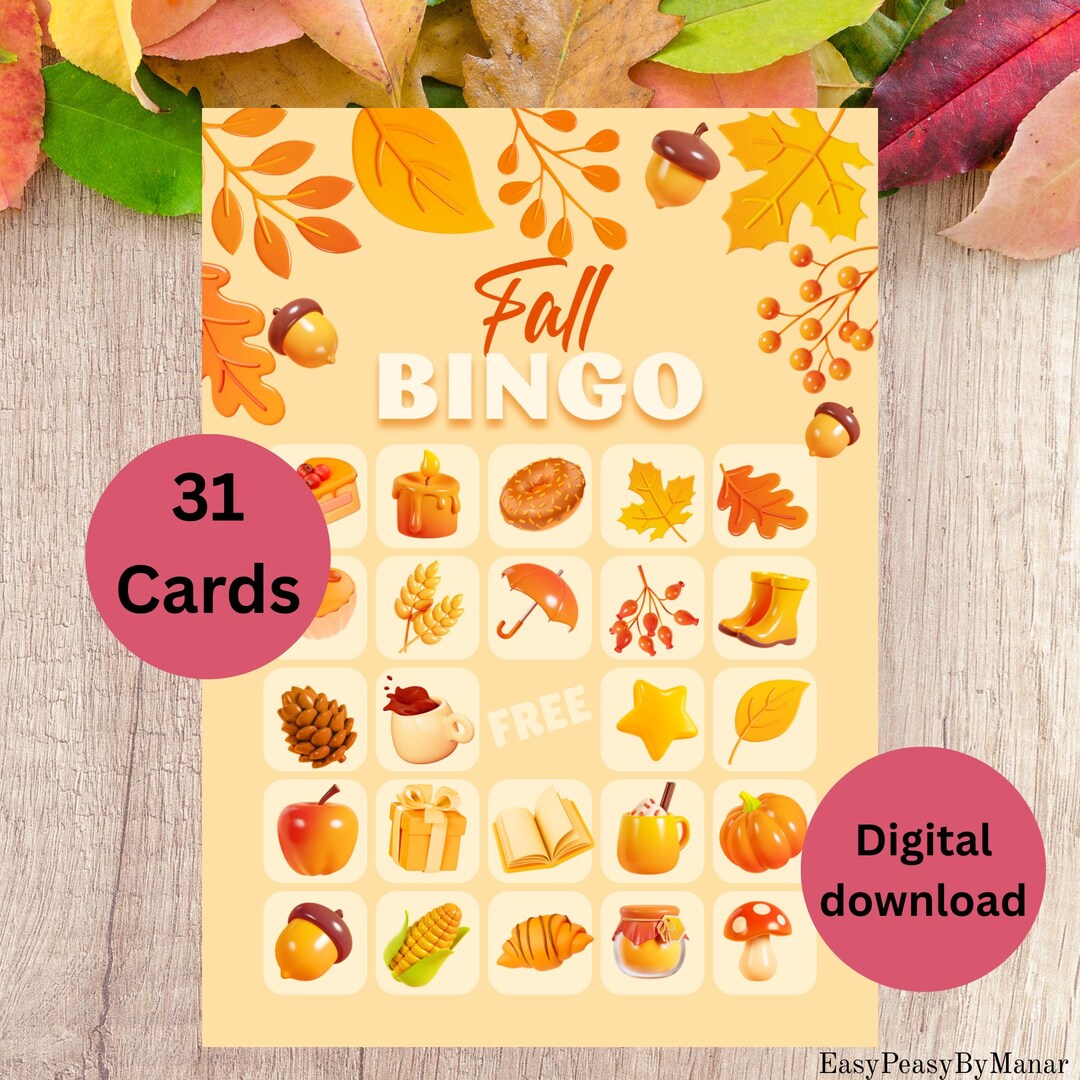 Fall Bingo Game: 31 Printable Cards, Autumn Party Activity (digital ...