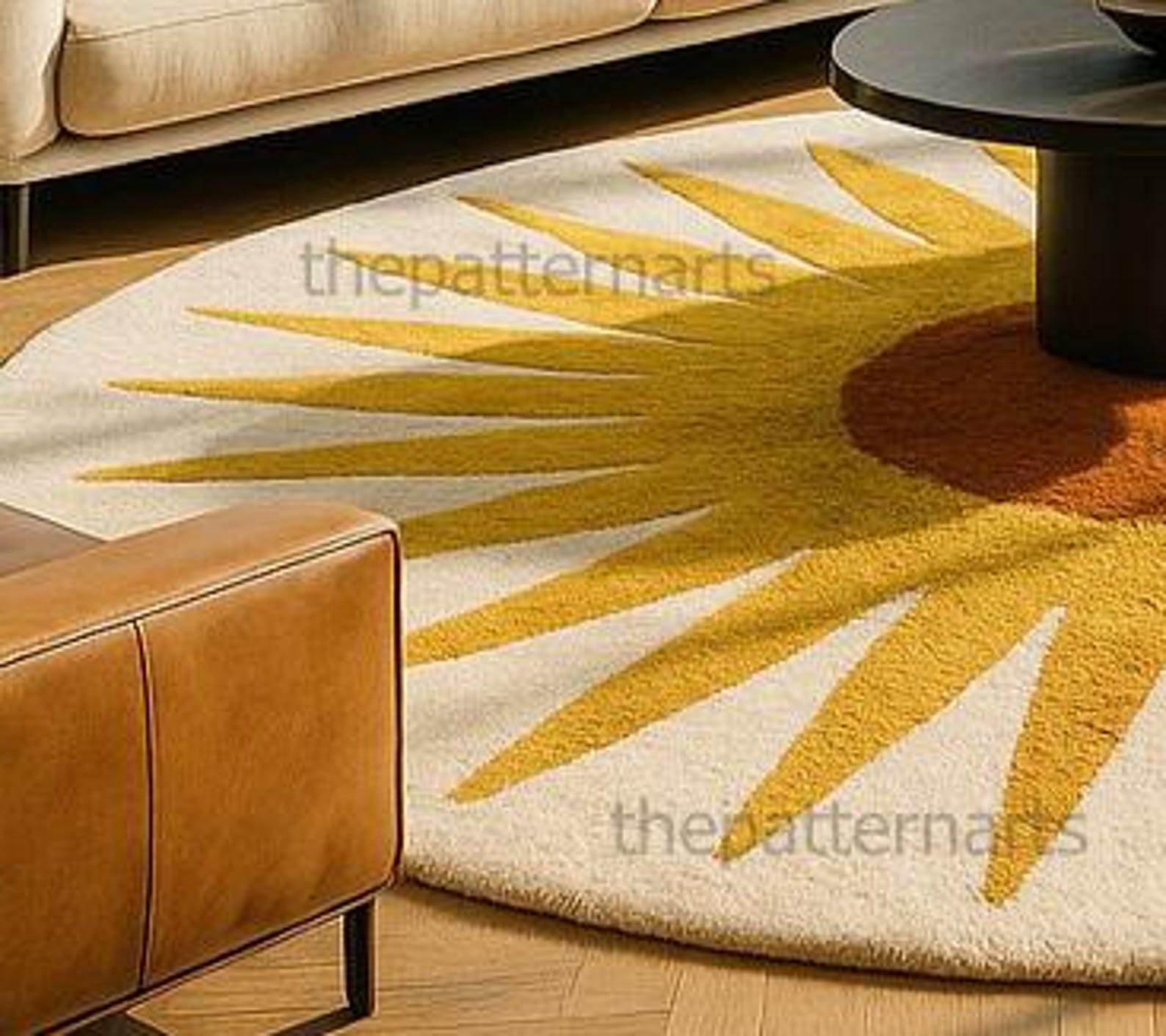 Modern Sunburst Round Rug – Hand Tufted Yellow & Orange Accent Carpet ...