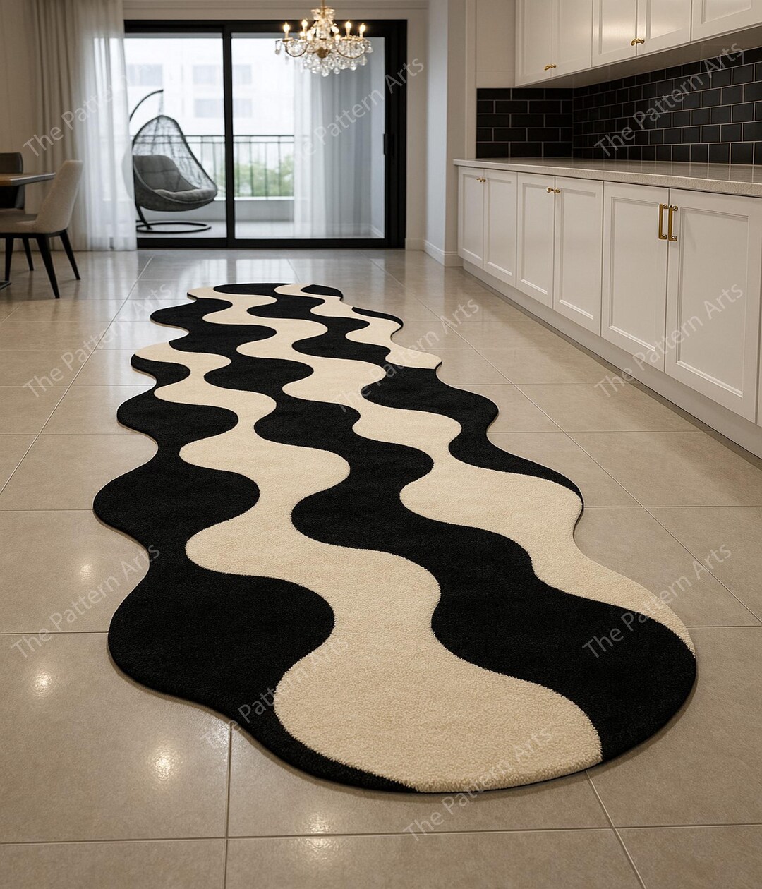 Modern Wavy Black and Cream Runner Rug | Abstract Hallway Carpet ...