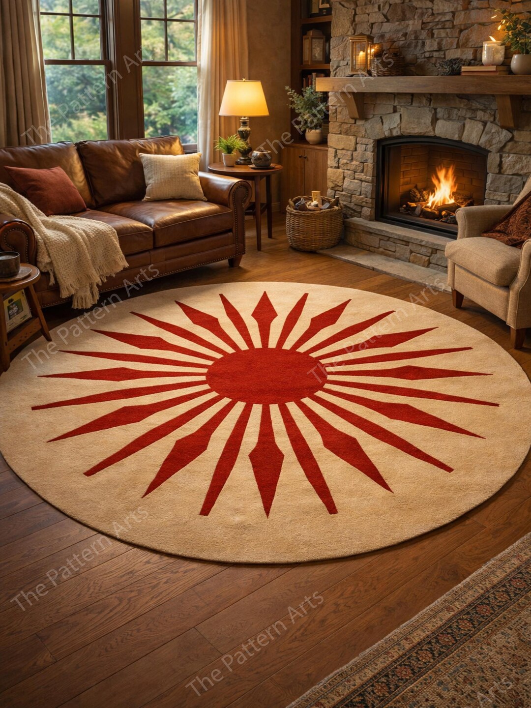 Hand Tufted Round Sunburst Rug, Beige & Red Modern Wool Area Rug, Mid ...