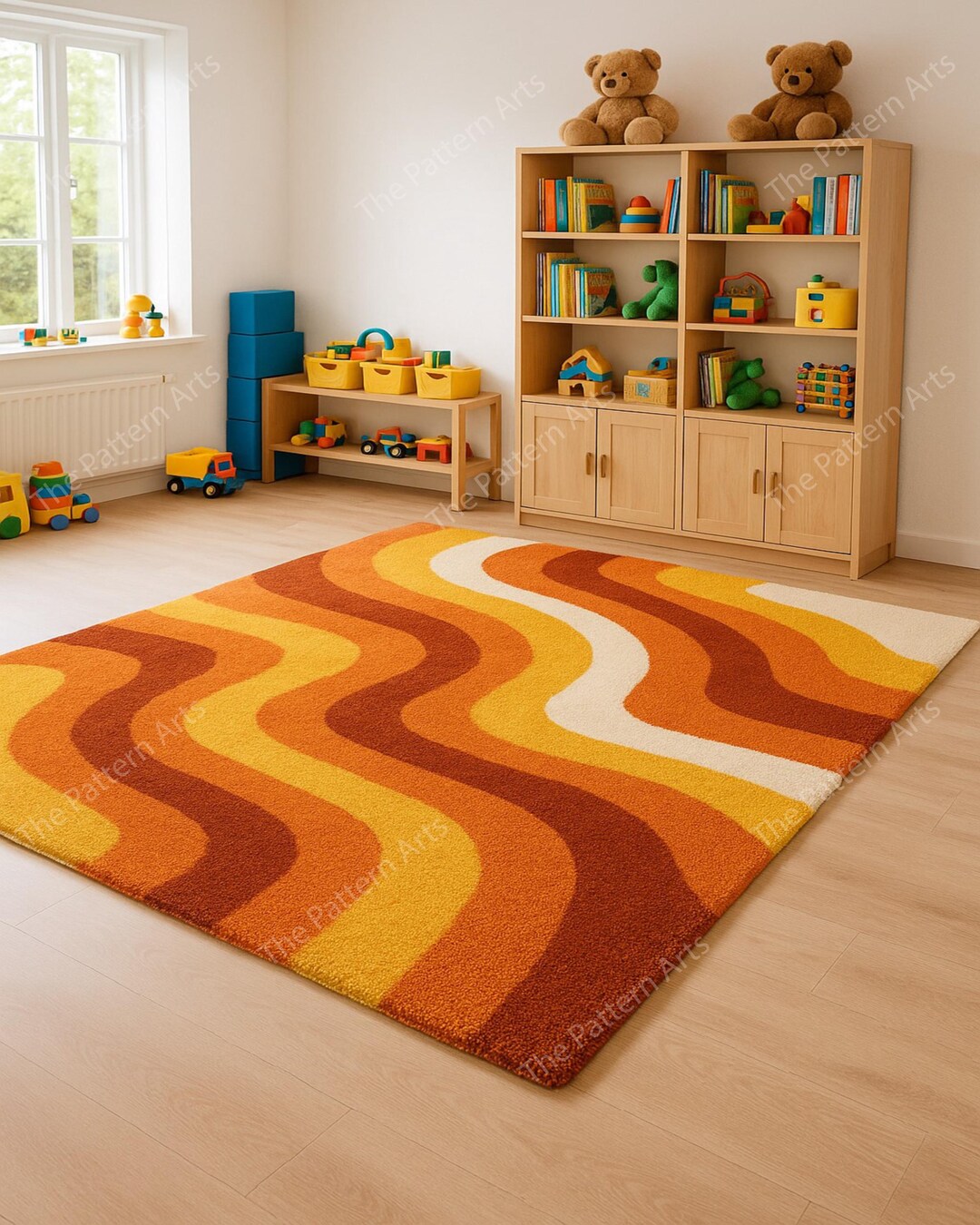 Retro Wavy Kids Rug | Colorful Playroom Area Carpet | Mid-century ...