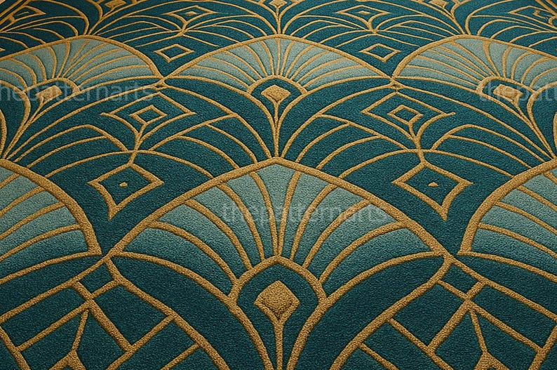 Art Deco 9x12 Hand Tufted Rug – Blue and Gold Geometric Carpet, Modern ...