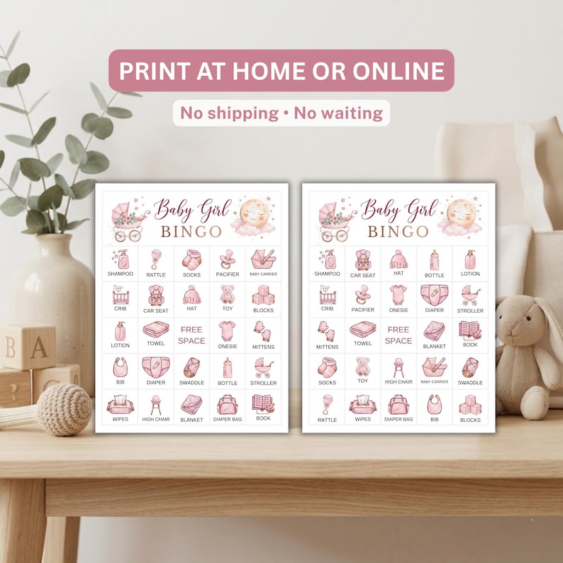 Baby Girl Bingo – Printable Baby Shower Bingo Game, 100 Prefilled Baby ...