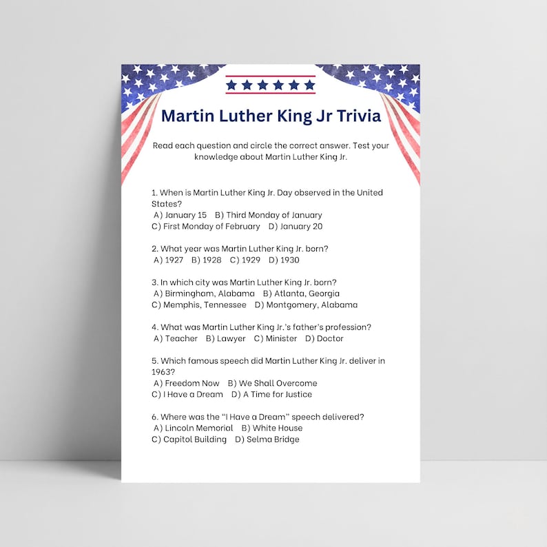 Martin Luther King Jr Trivia Game | Black History Game | Printable ...