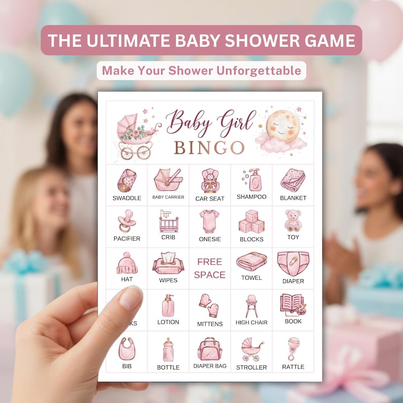 Baby Girl Bingo – Printable Baby Shower Bingo Game, 100 Prefilled Baby ...