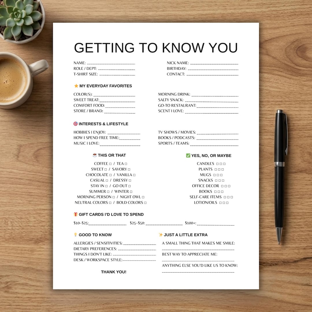 Getting to Know You Employee Forms | Employee Favorites & All About Me ...