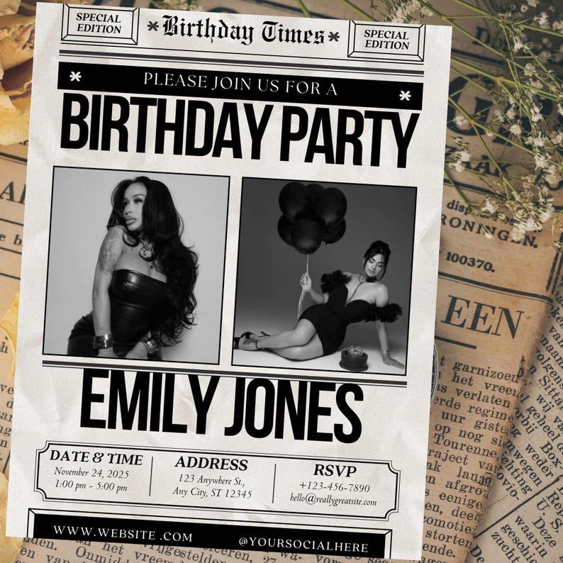 Editable Birthday Newspaper Invitation Template, Canva Infographic ...