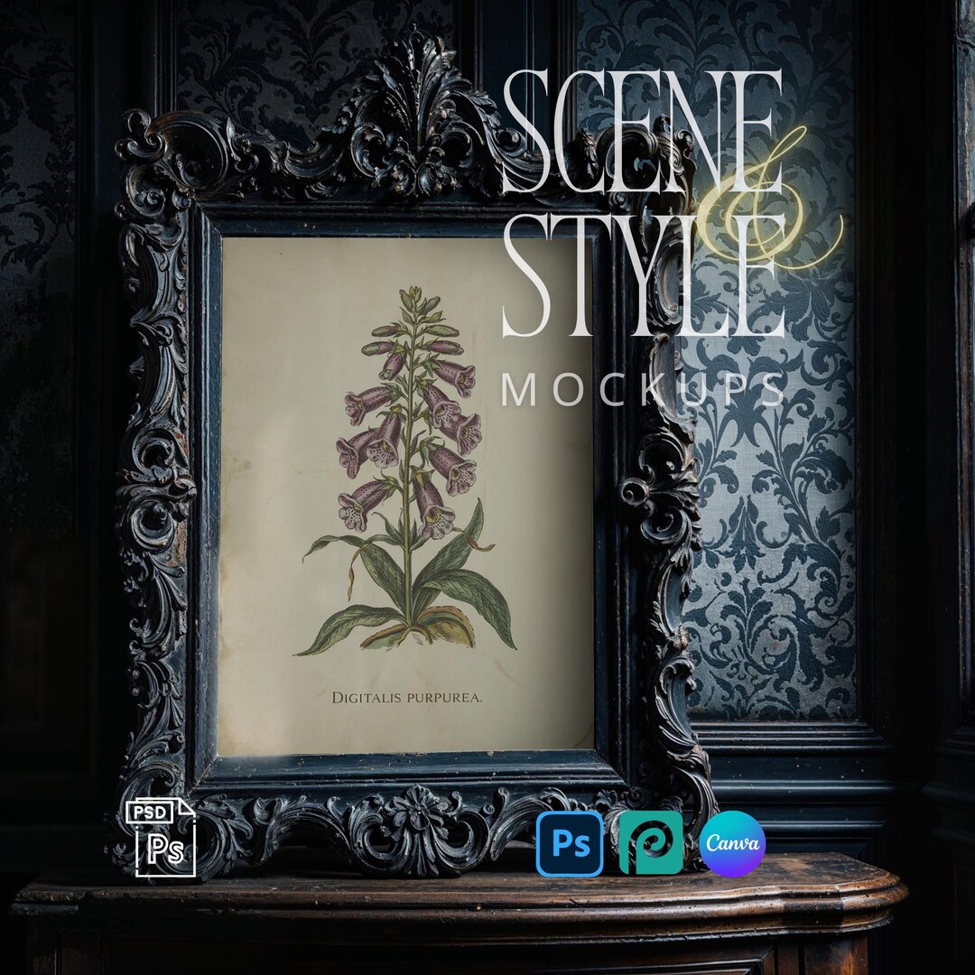 Gothic Dark Academia PSD Frame Mockup With Ornate Black Frame and ...