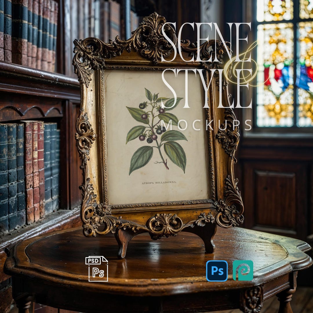Dark Academia PSD Frame Mockup in Antique Library With Baroque Ornate ...