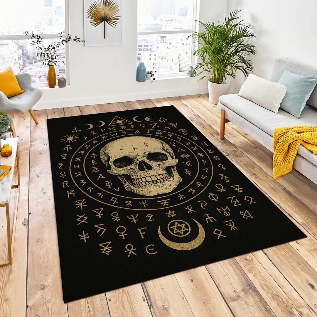 Golden Skull Occult Symbols Area Rug | Mystical Witchcraft Alchemy ...
