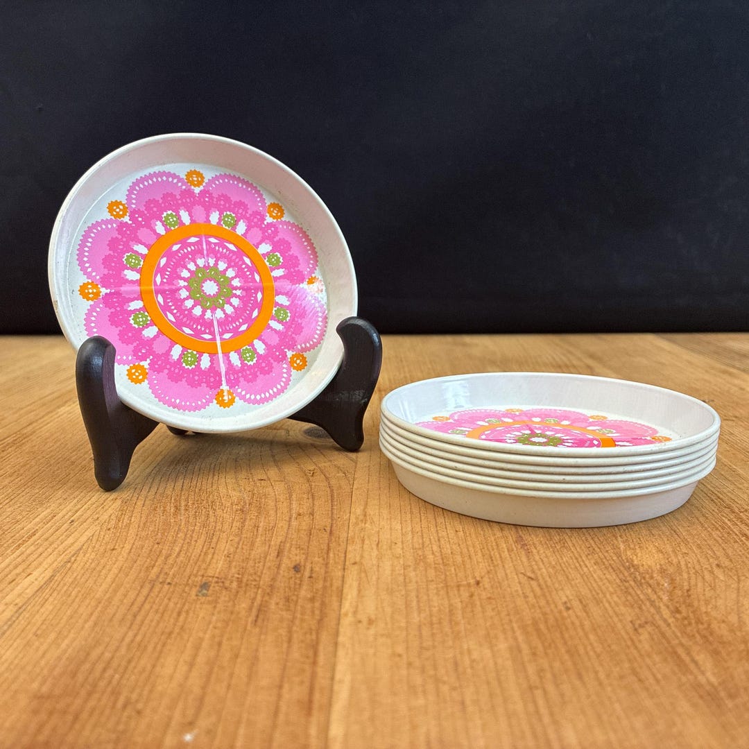 Set of 7 Mid‑century IRA Denmark Coasters – Pink/orange Mandala 1970s ...