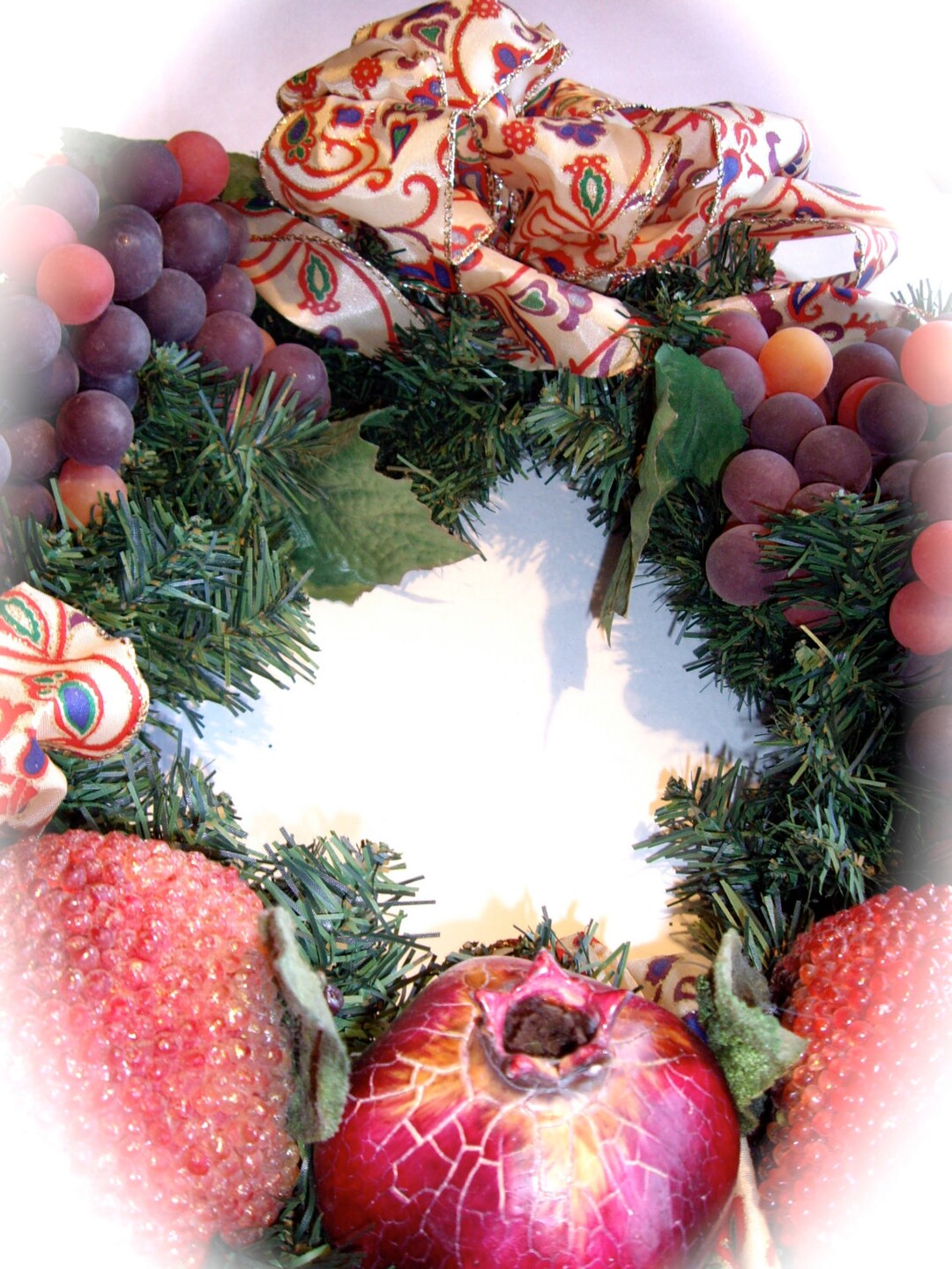 Handmade Christmas Fruit Wreath Beaded Apples Pomegranate Wired Ribbon ...