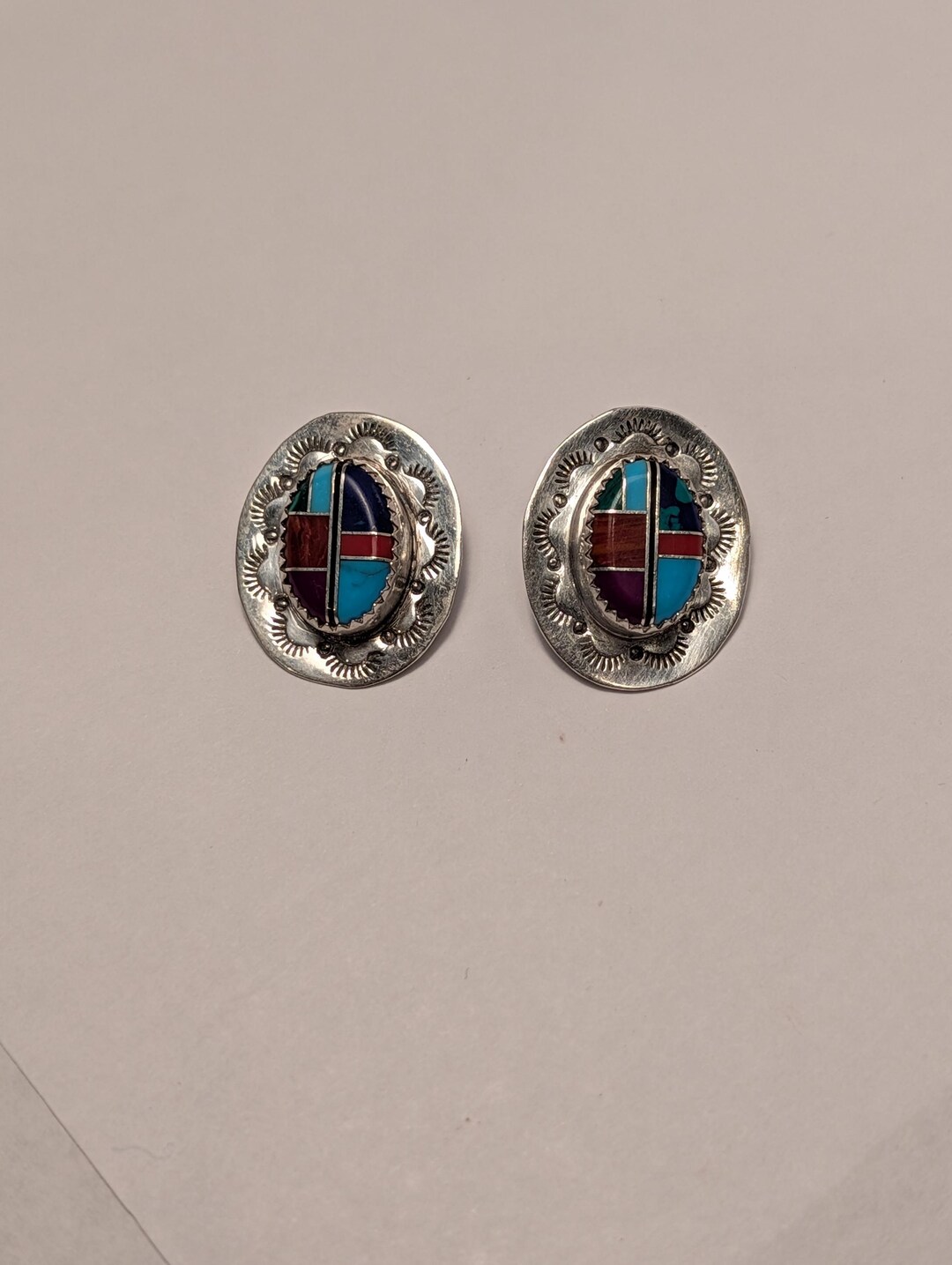 Vintage Southwestern Inlay Clip-on Earrings –turquoise, Coral & Lapis ...