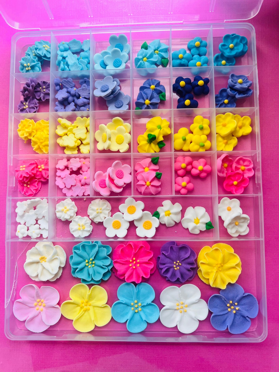 Edible Icing Flowers Set With Case / Royal Icing Drop Flowers / Spring Cupcake Toppers / Edible ...