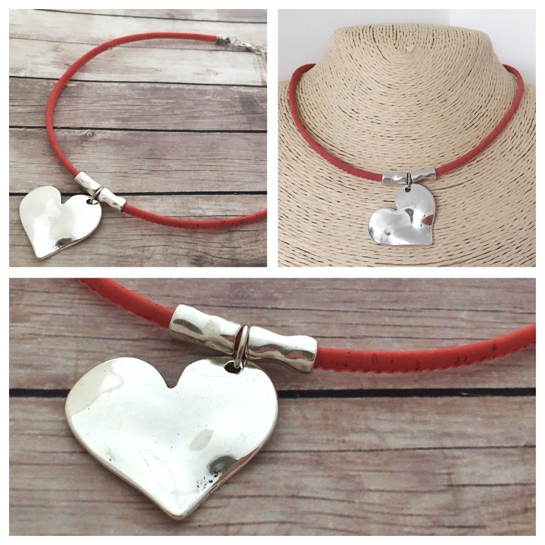 Necklace With Cork String and Heart Pendant, Cork Jewelry, Boho ...