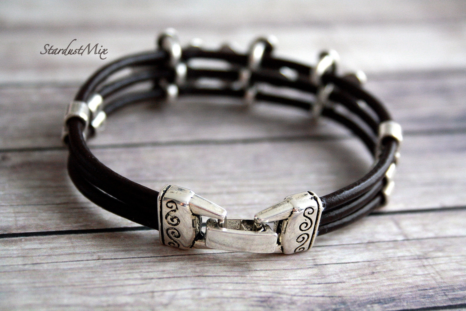 Leather Bracelet, Punk Bracelet, Womens Bracelet With Silver Flowers ...