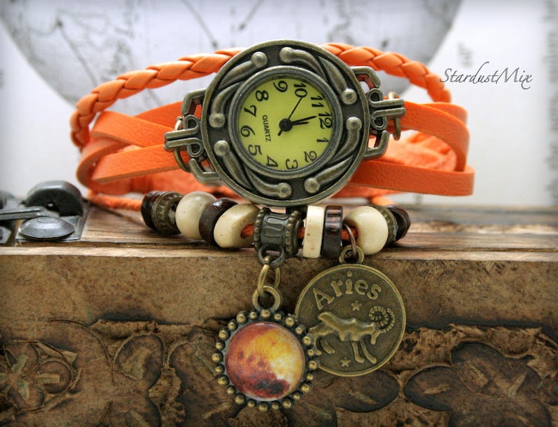Women Watch With Aries Zodiac Sign Charm and Ruling Planet Mars Leather ...