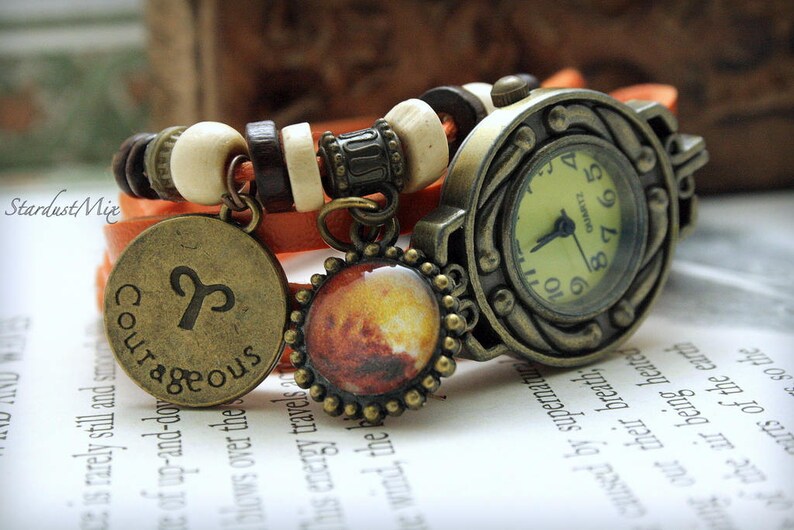 Women Watch With Aries Zodiac Sign Charm and Ruling Planet Mars Leather ...