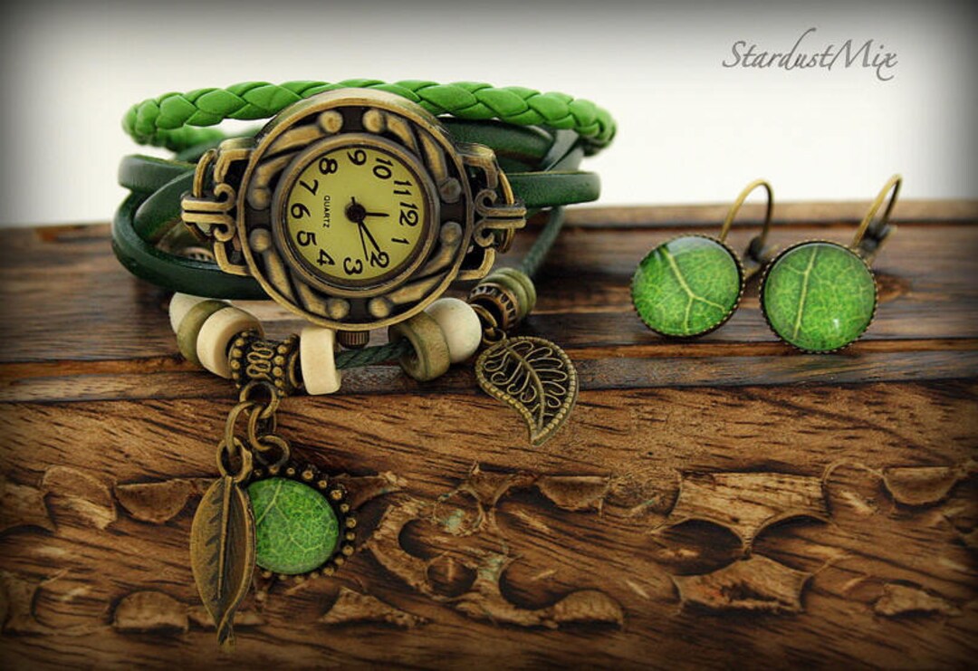 Leaf Charm Leather Bracelet Watch & Earrings Set - Boho Vintage Style ...