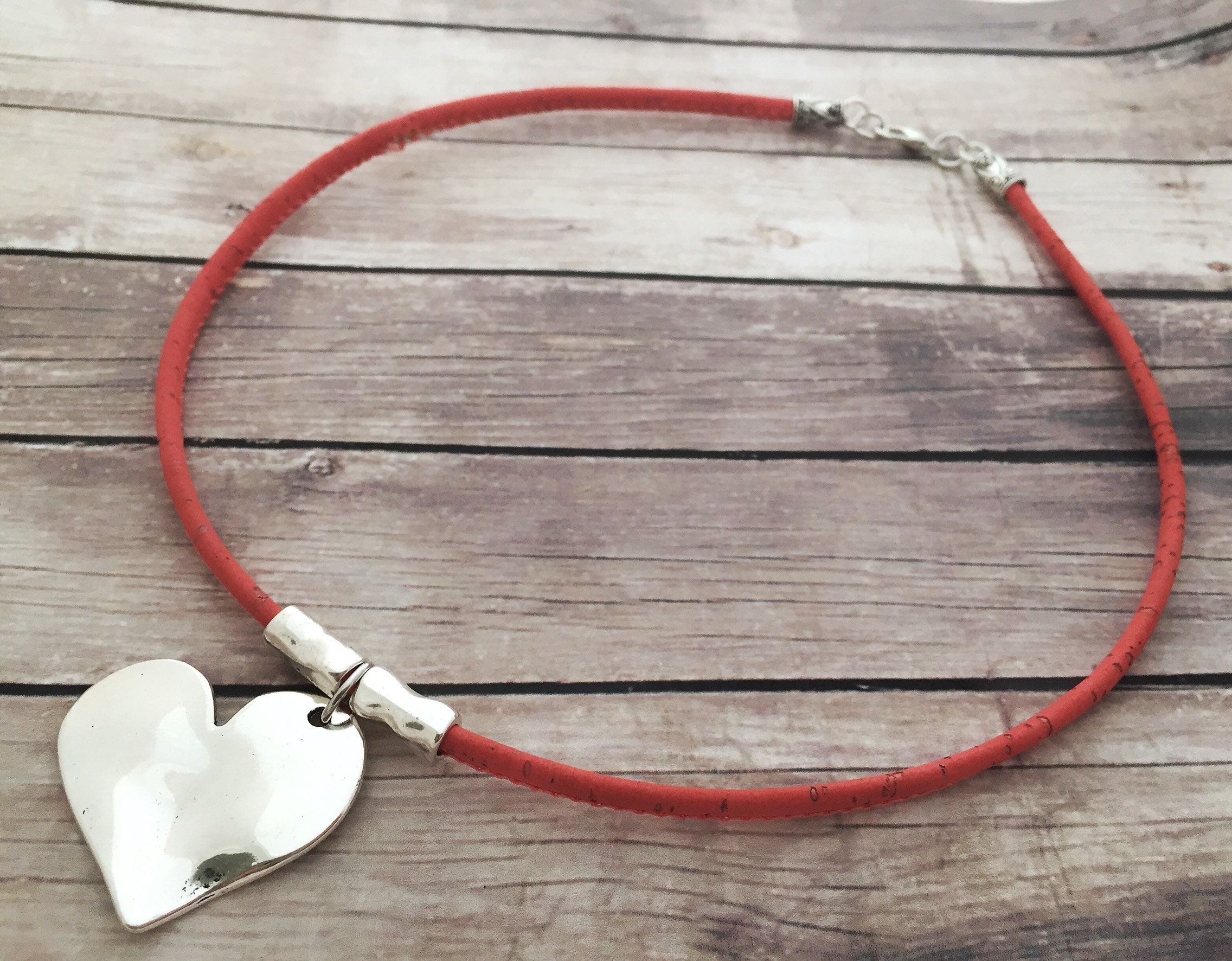 Necklace With Cork String and Heart Pendant, Cork Jewelry, Boho ...
