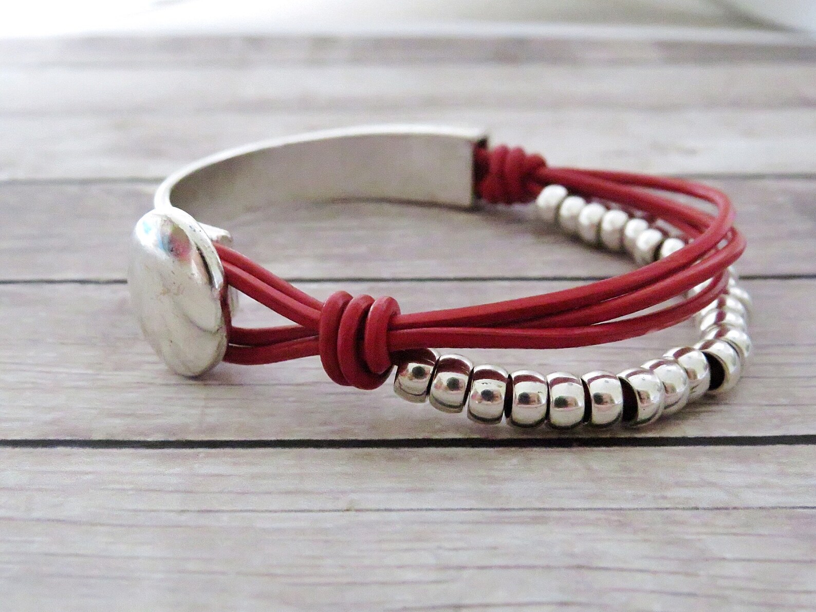 Bracelet Leather Boho Jewelry Handmade Jewelry Beaded Bracelet Silver ...