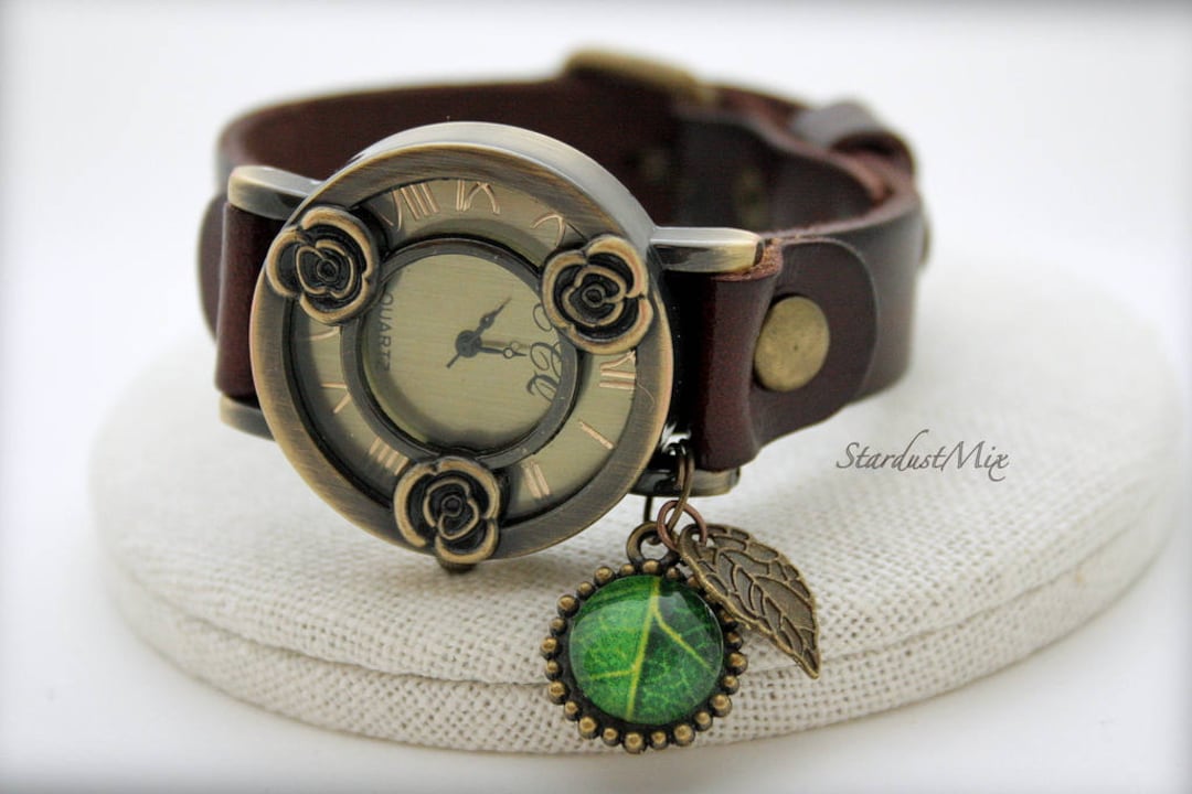 Women Watch Leather Ladies Watch With a Green Rose Leaf Charm Rose ...