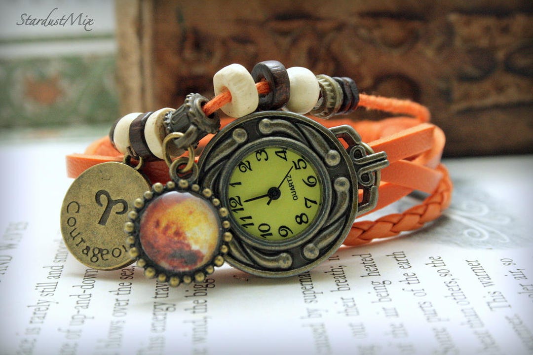 Women Watch With Aries Zodiac Sign Charm and Ruling Planet Mars Leather ...