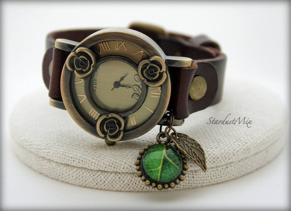 Women watch leather ladies watch with a green rose leaf charm | Etsy