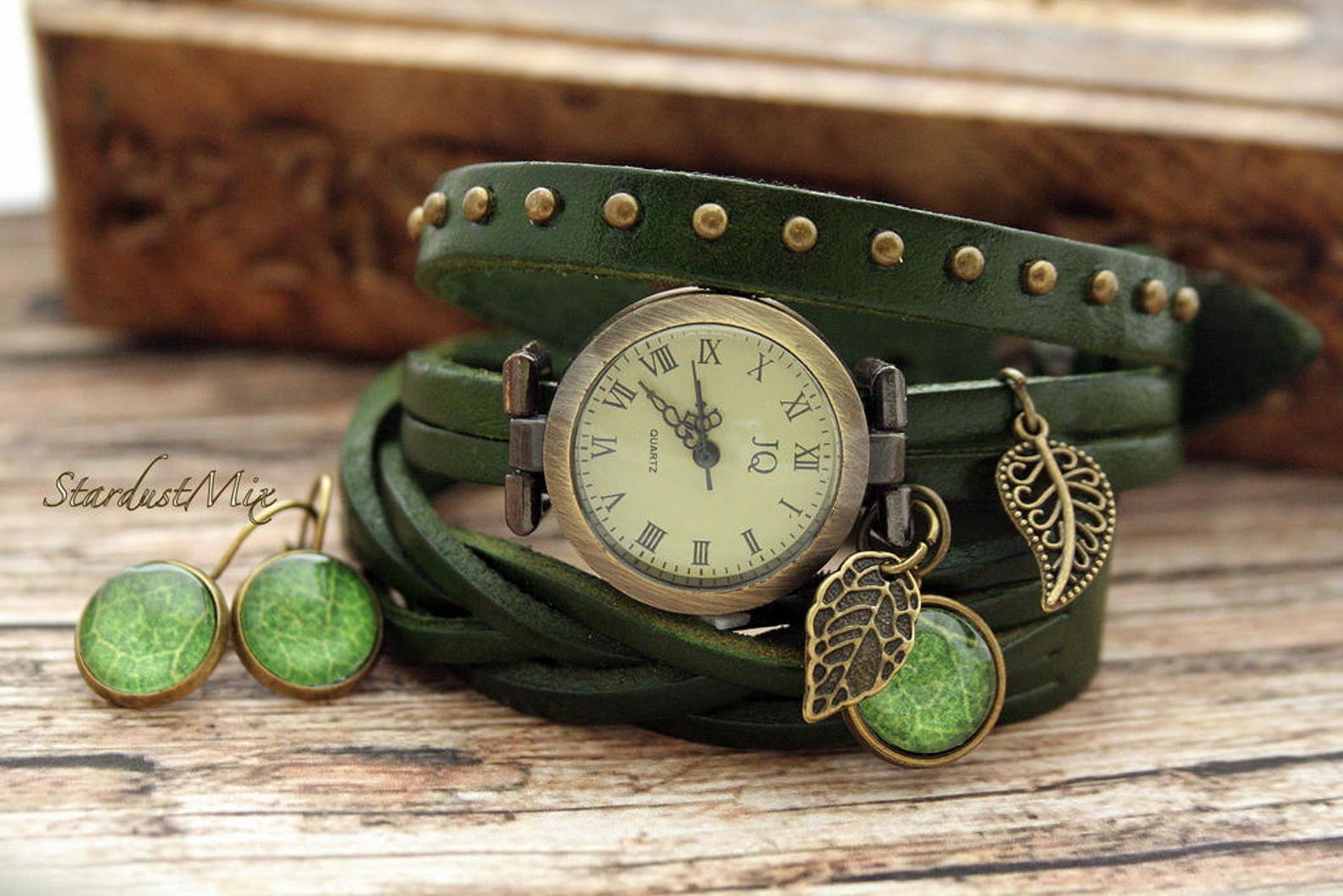 Women Watch Wrap Around Ladies Watch With Green Leaf Charm and Matching ...