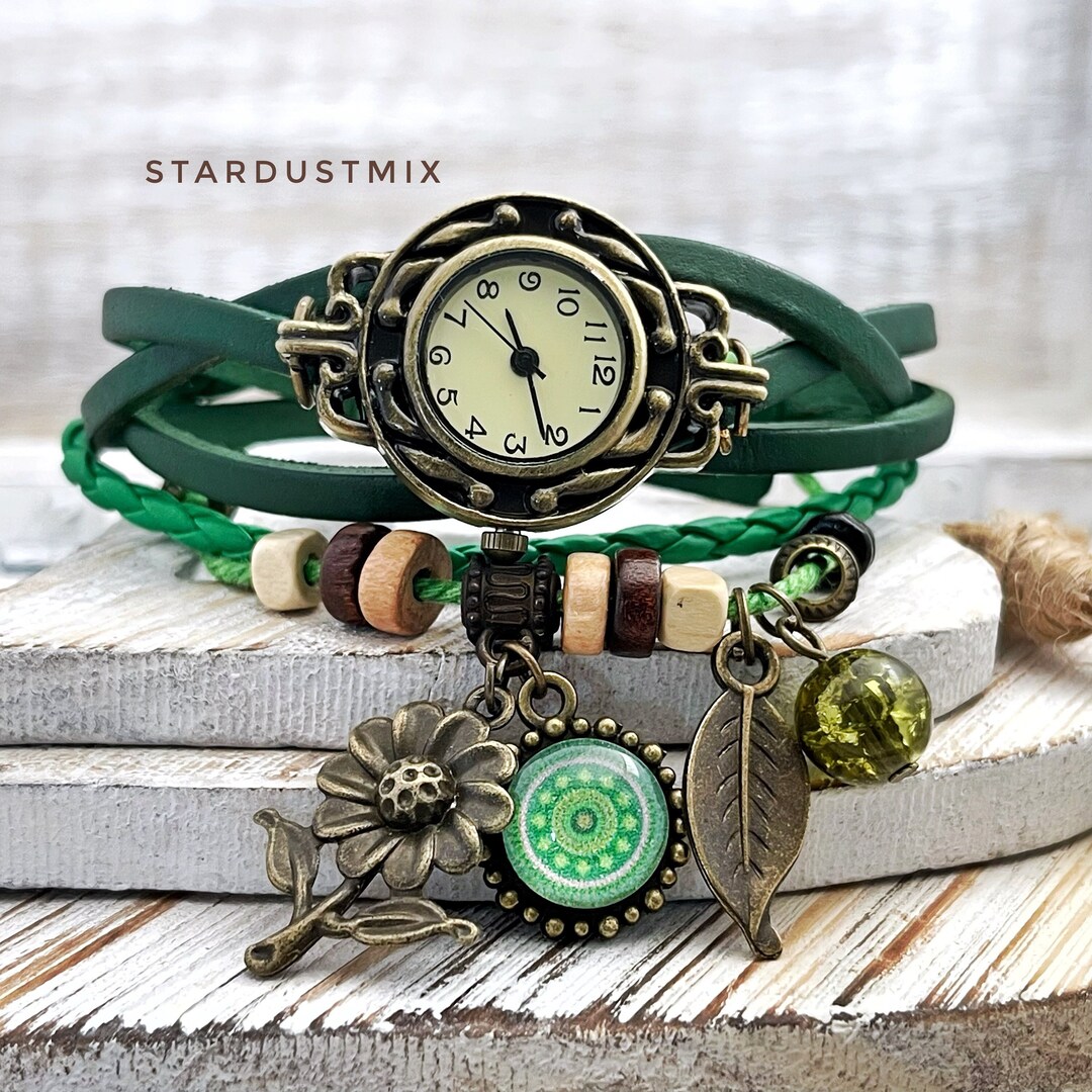 Watches for Women With Leafy Charms/steampunk Leather Bracelet Bohemian ...