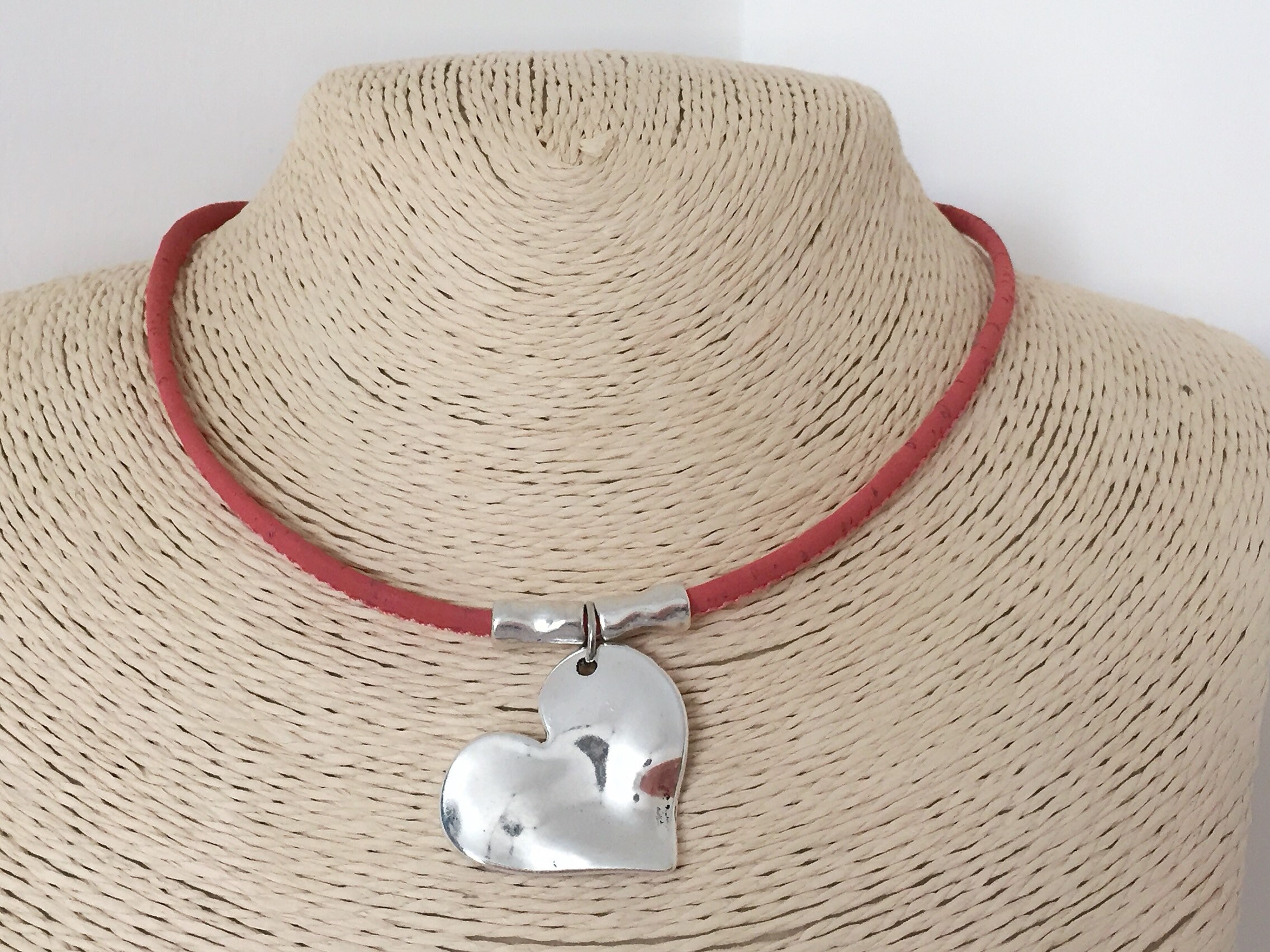 Necklace With Cork String and Heart Pendant, Cork Jewelry, Boho ...