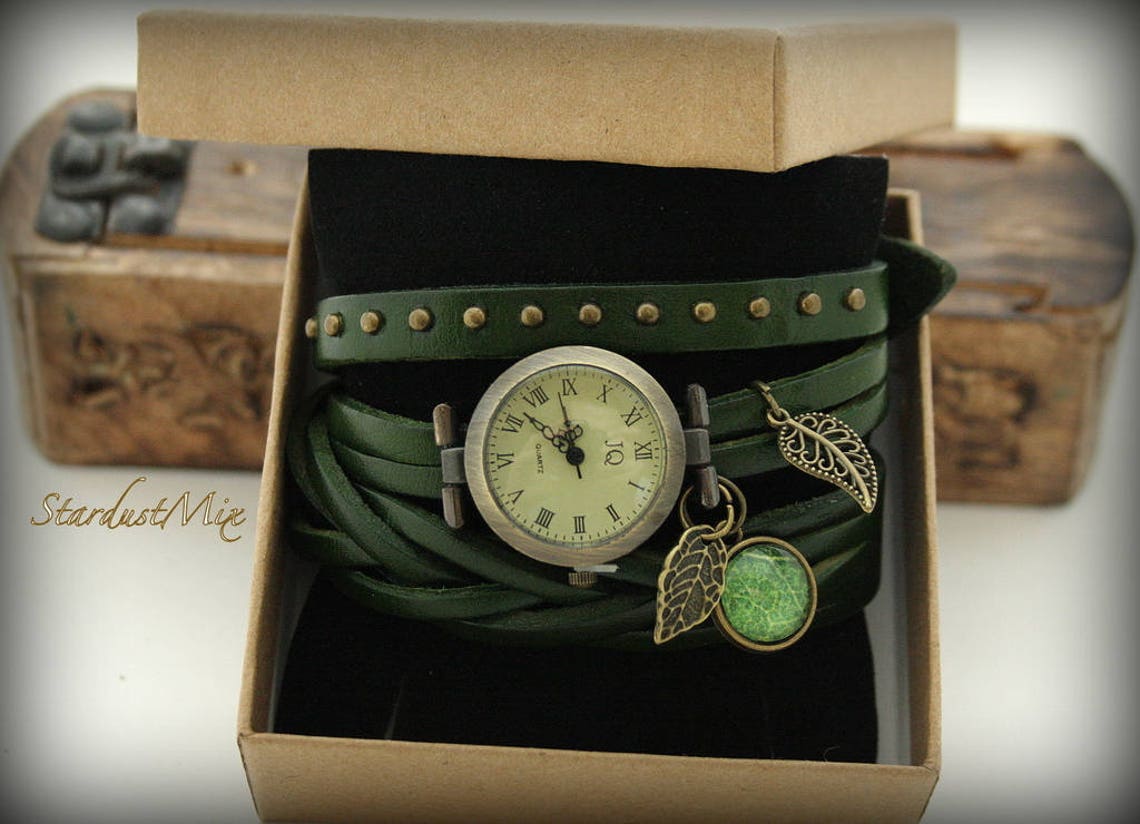 Women Watch Wrap Around Ladies Watch With Green Leaf Charm and Matching ...