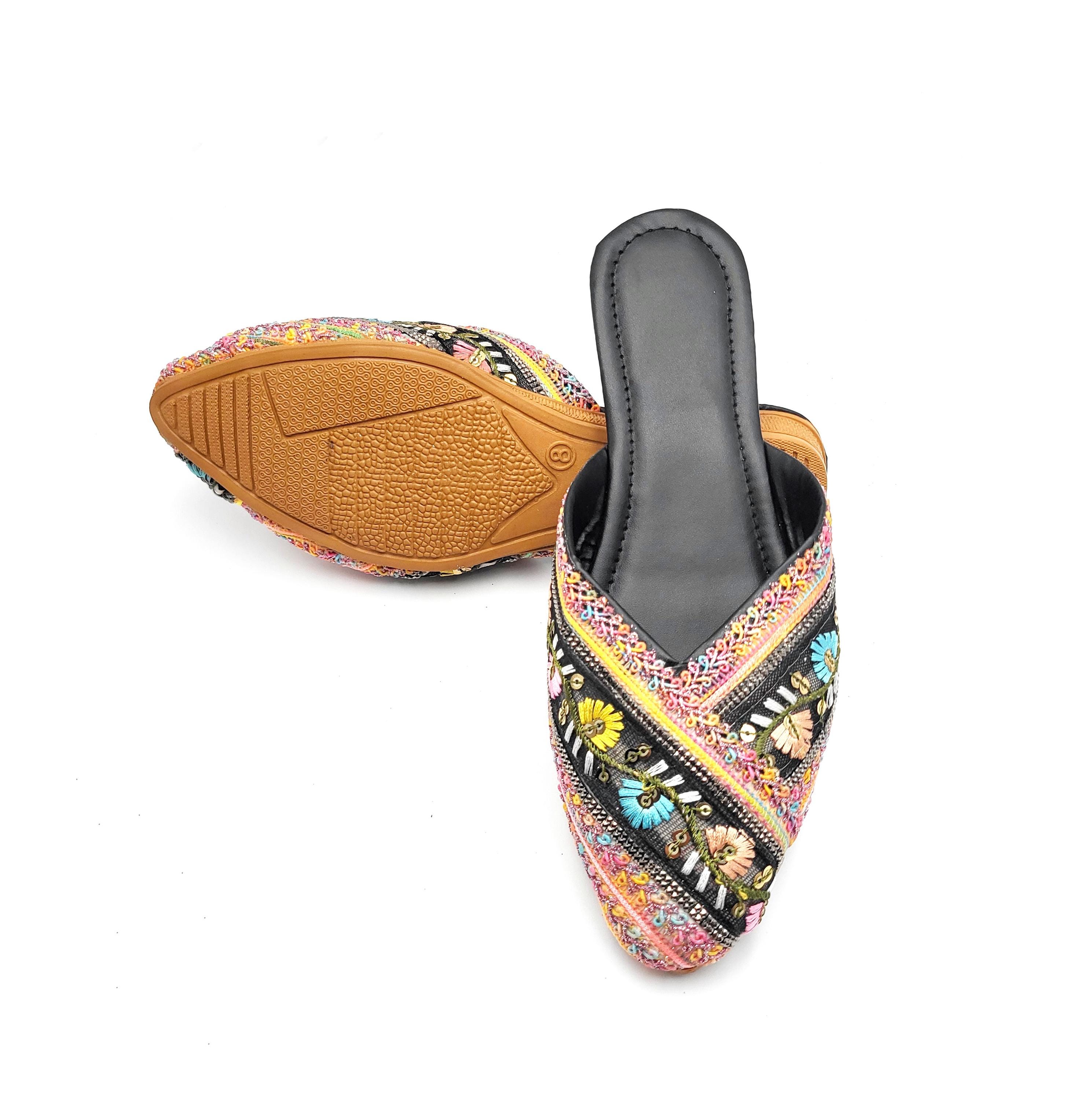 Embroidered Floral Mojari Flats: Jaipur Jutti Style, Bohemian Sandals ...