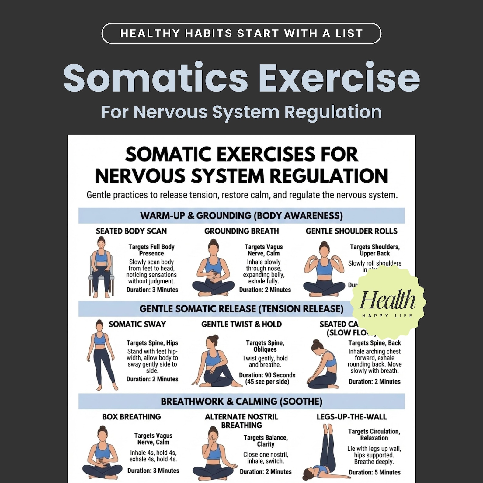 Somatic Exercises for Nervous System Regulation, Vagus Nerve Poster ...