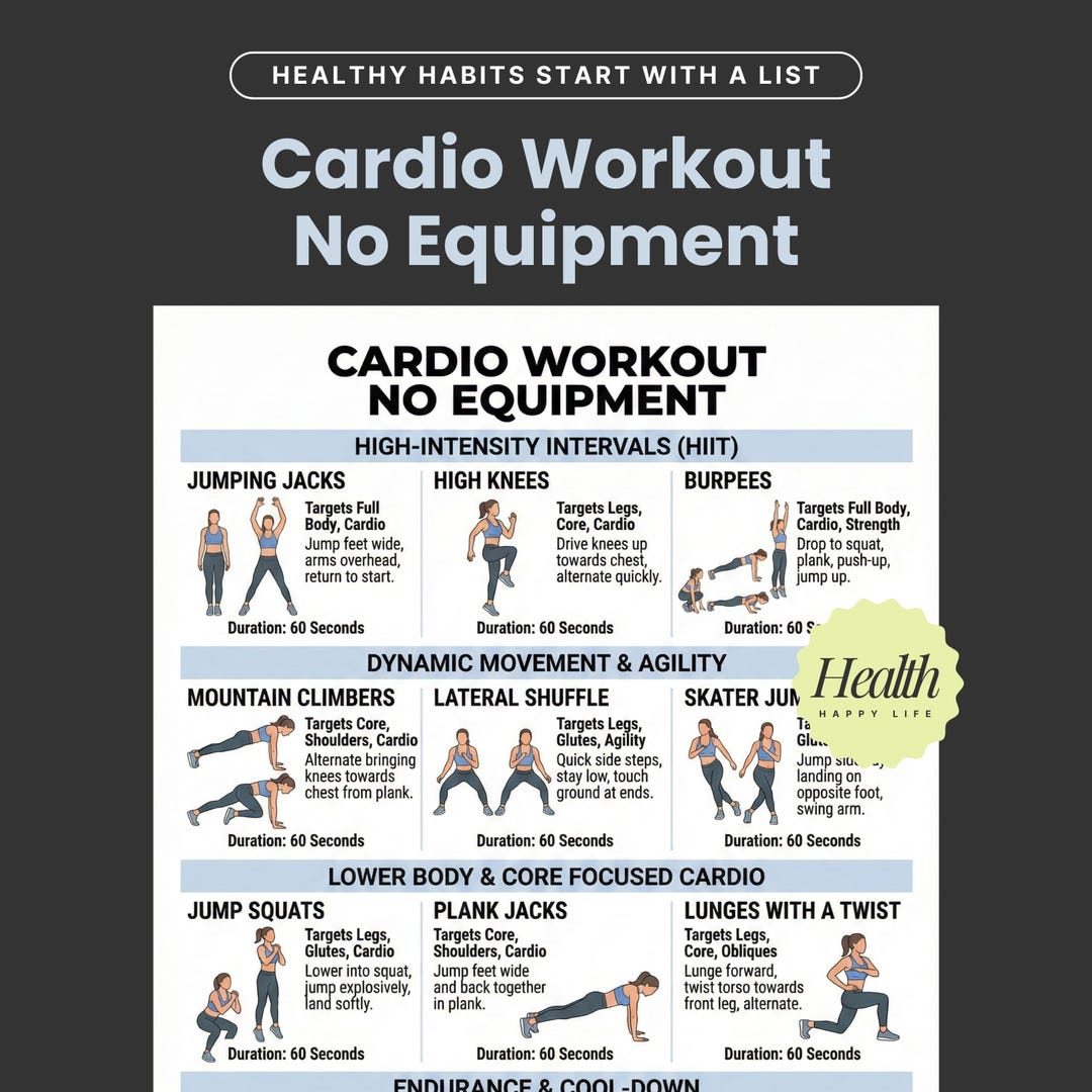 Cardio No Equipment Workout, Upper Body Workout Printable, Lower Body ...