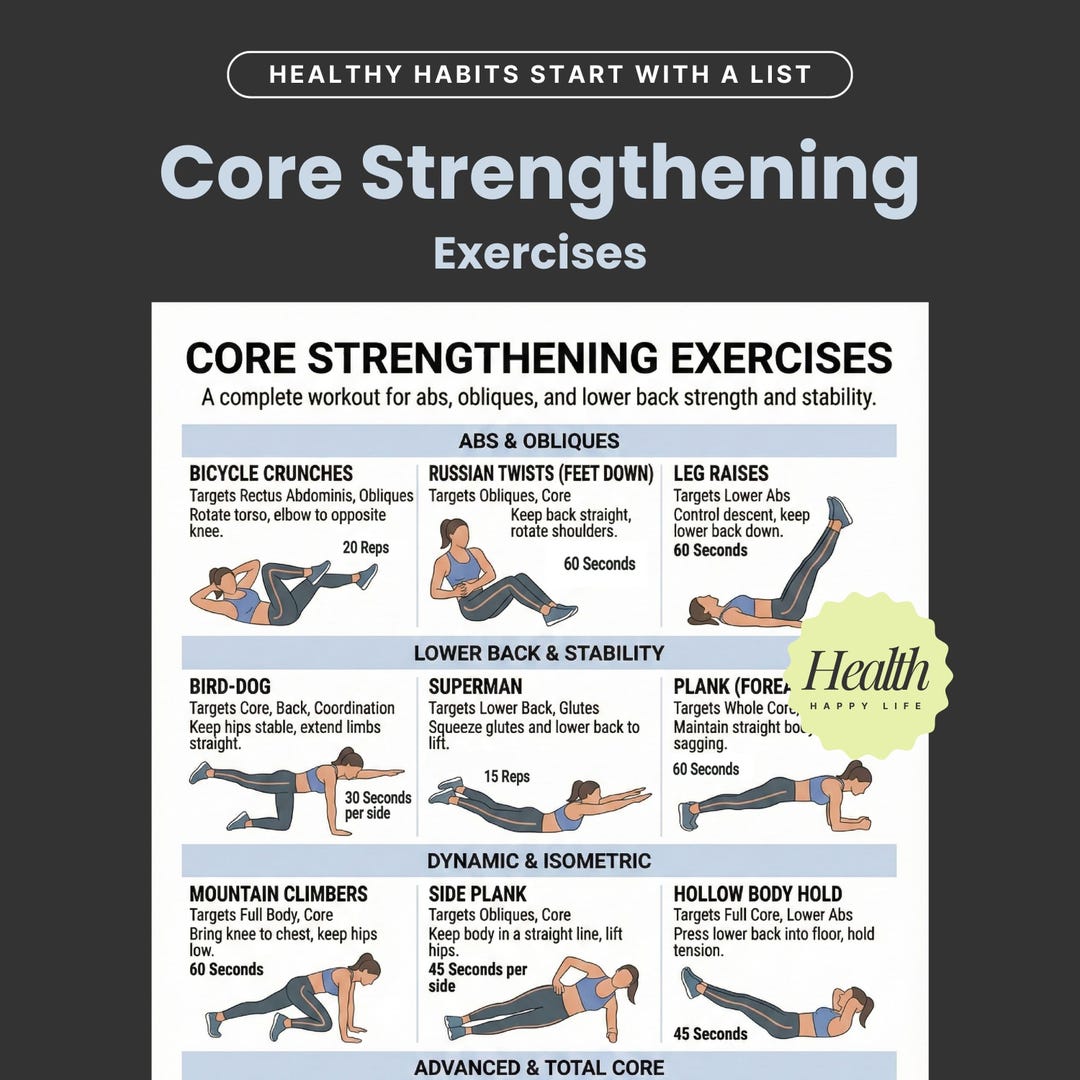 Core Exercise Chart, Strength Workout, Full Body Workout Guide ...