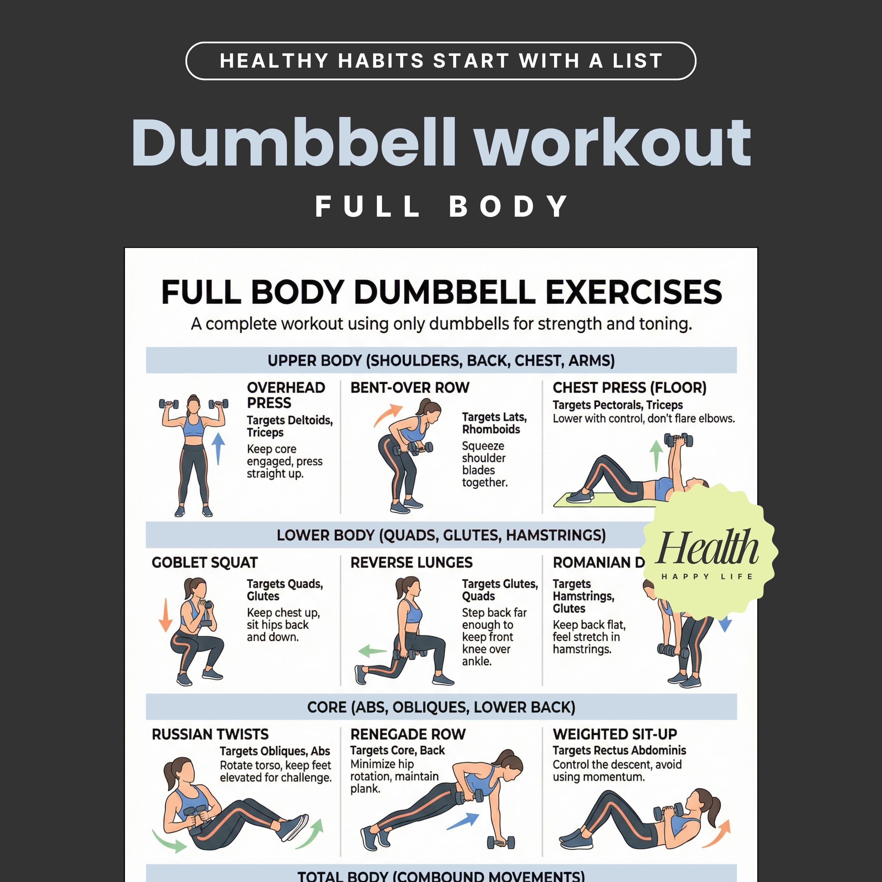 Dumbbell Workout Printable, Dumbbell Exercises, Full Body Workout Guide ...