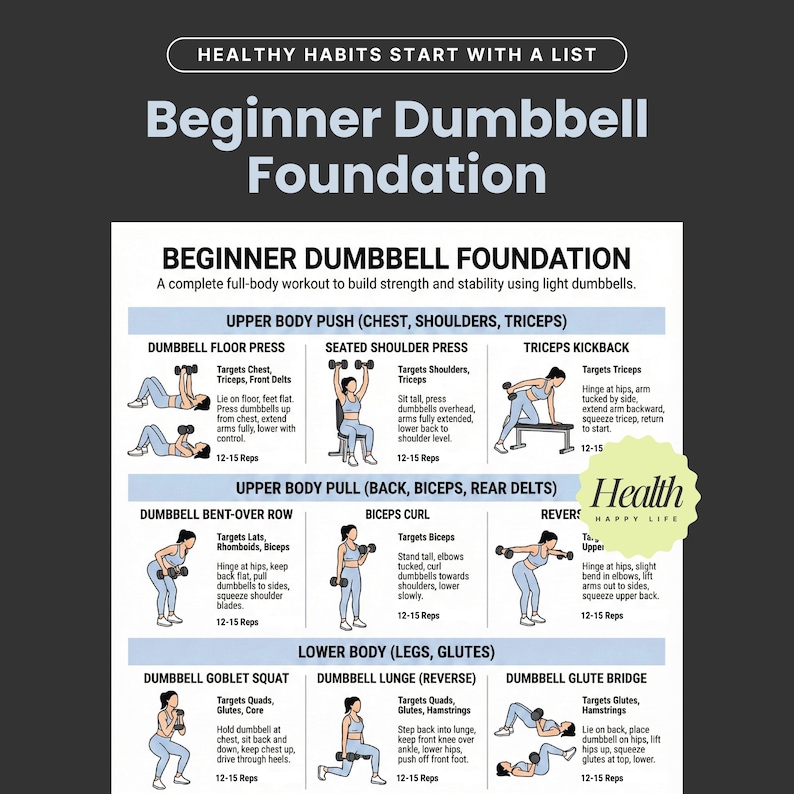 Beginner Dumbbell Workout Poster, Dumbbell Exercises, Printable ...