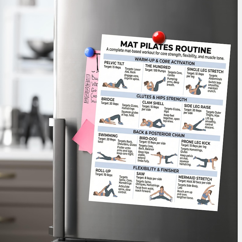 Mat Pilates Routine Posters, Basic Workout, Beginner Pilates, Printable ...