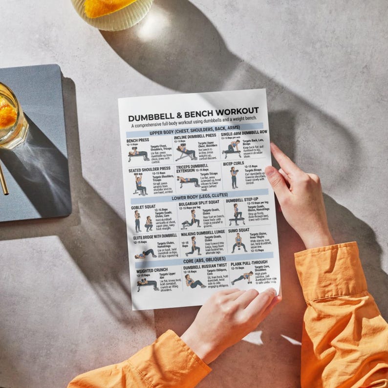 Dumbbell and Bench Workout Poster, Dumbbell Exercises, Printable ...