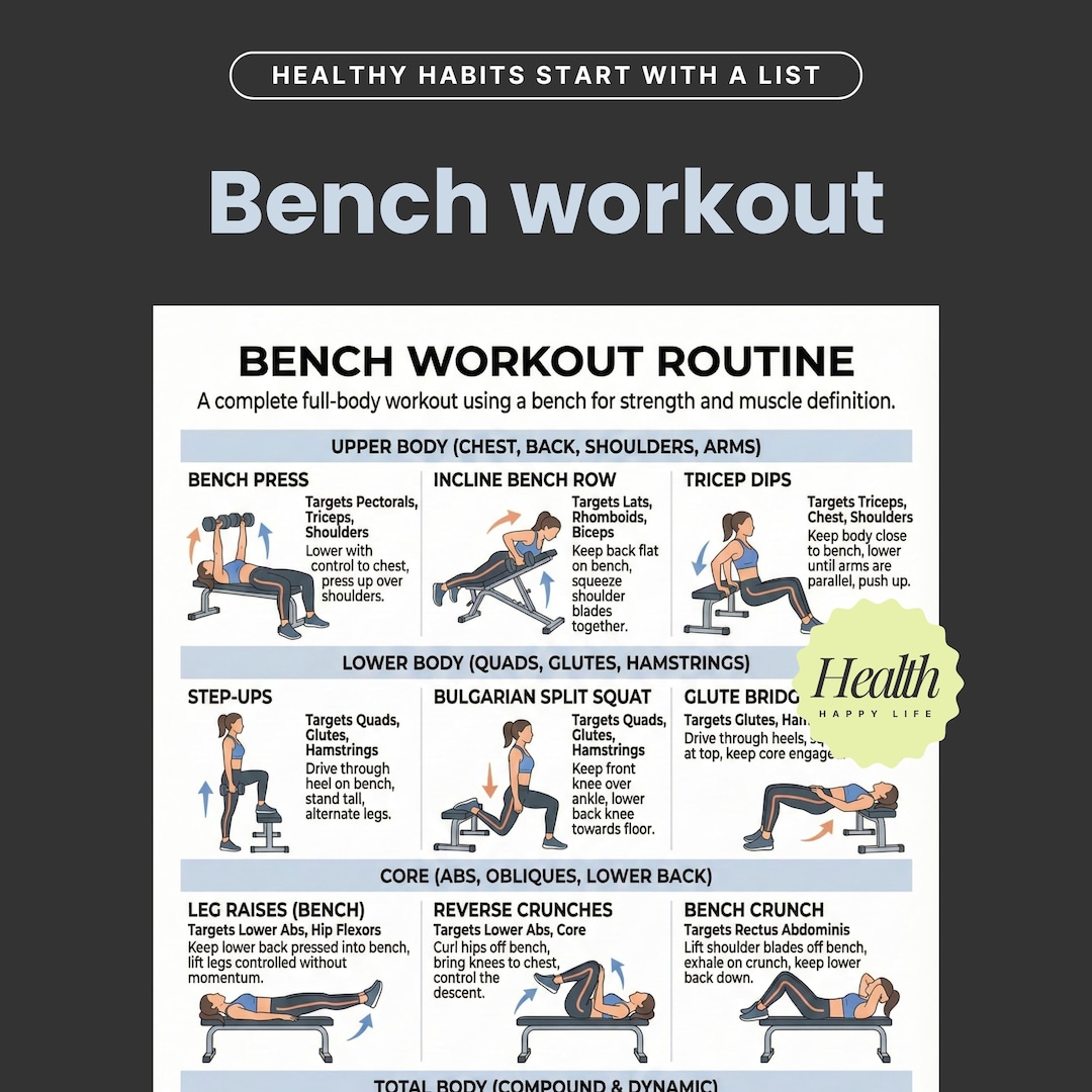 Bench Workout Poster, Full Body Workout, Printable Exercises, 30 Day ...