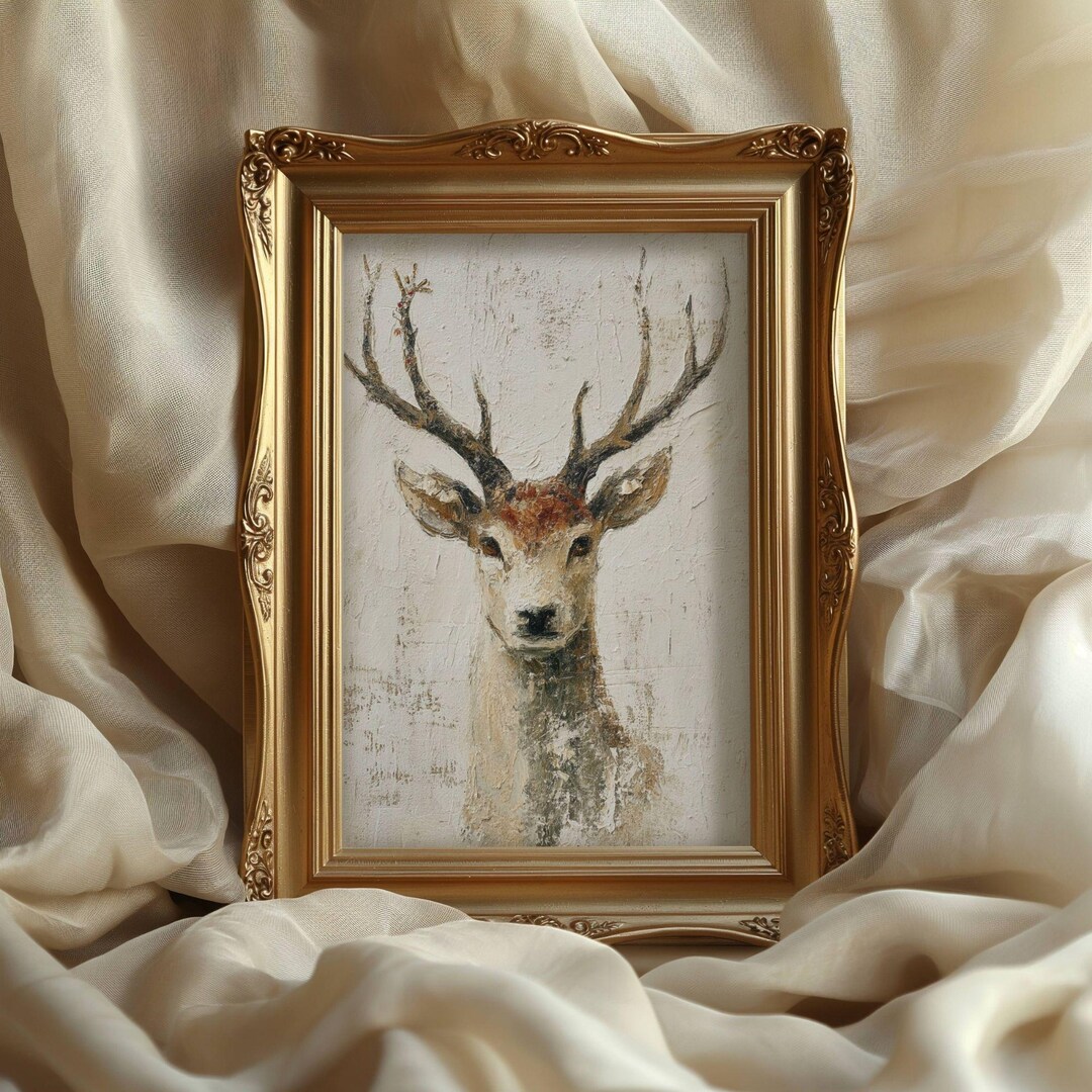 Vintage Reindeer Portrait Wall Art: Neutral Christmas Print, Rustic ...