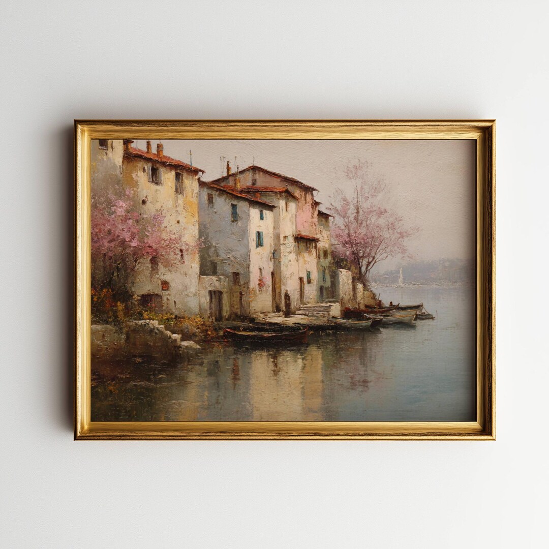 Vintage European Riverside Wall Art: Spring French Country Print, Muted ...
