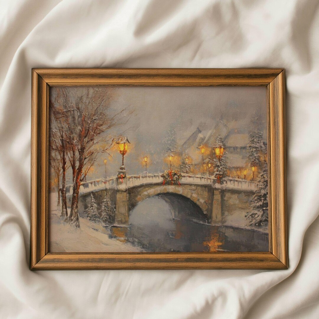 Snowy Christmas Bridge Painting Printable Wall Art: Vintage Winter ...