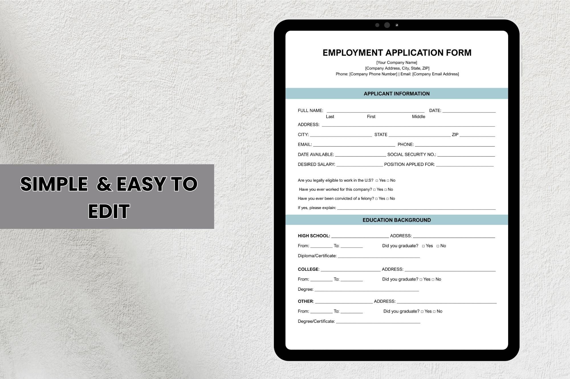 Printable Employment Application Form | Editable Canva, PDF (instant ...