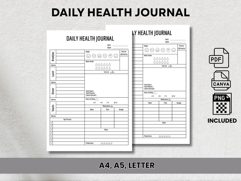 Daily Health Journal Printable | Wellness & Fitness Tracker PDF | A4 A5 ...