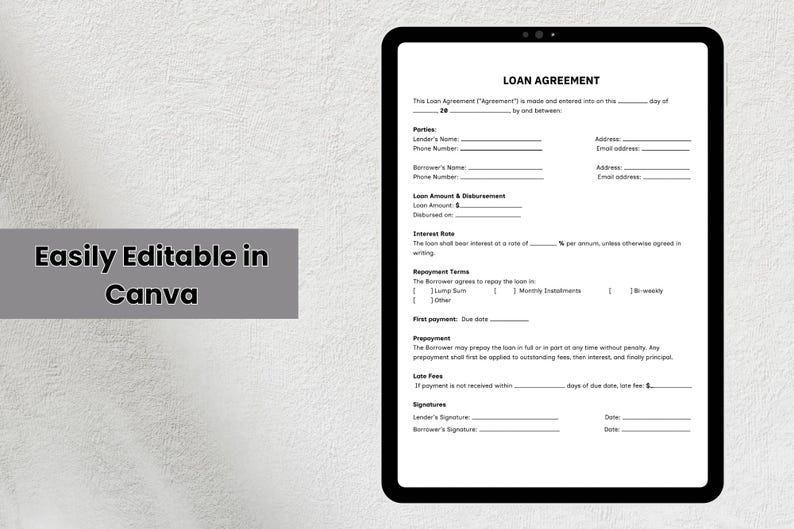 Printable Loan Agreement Template: Editable PDF, Word, Canva - Etsy ...