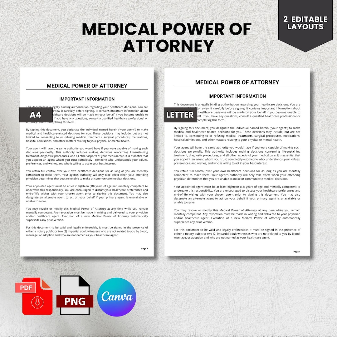Editable Medical Power of Attorney Form | Healthcare POA (PDF, Canva ...