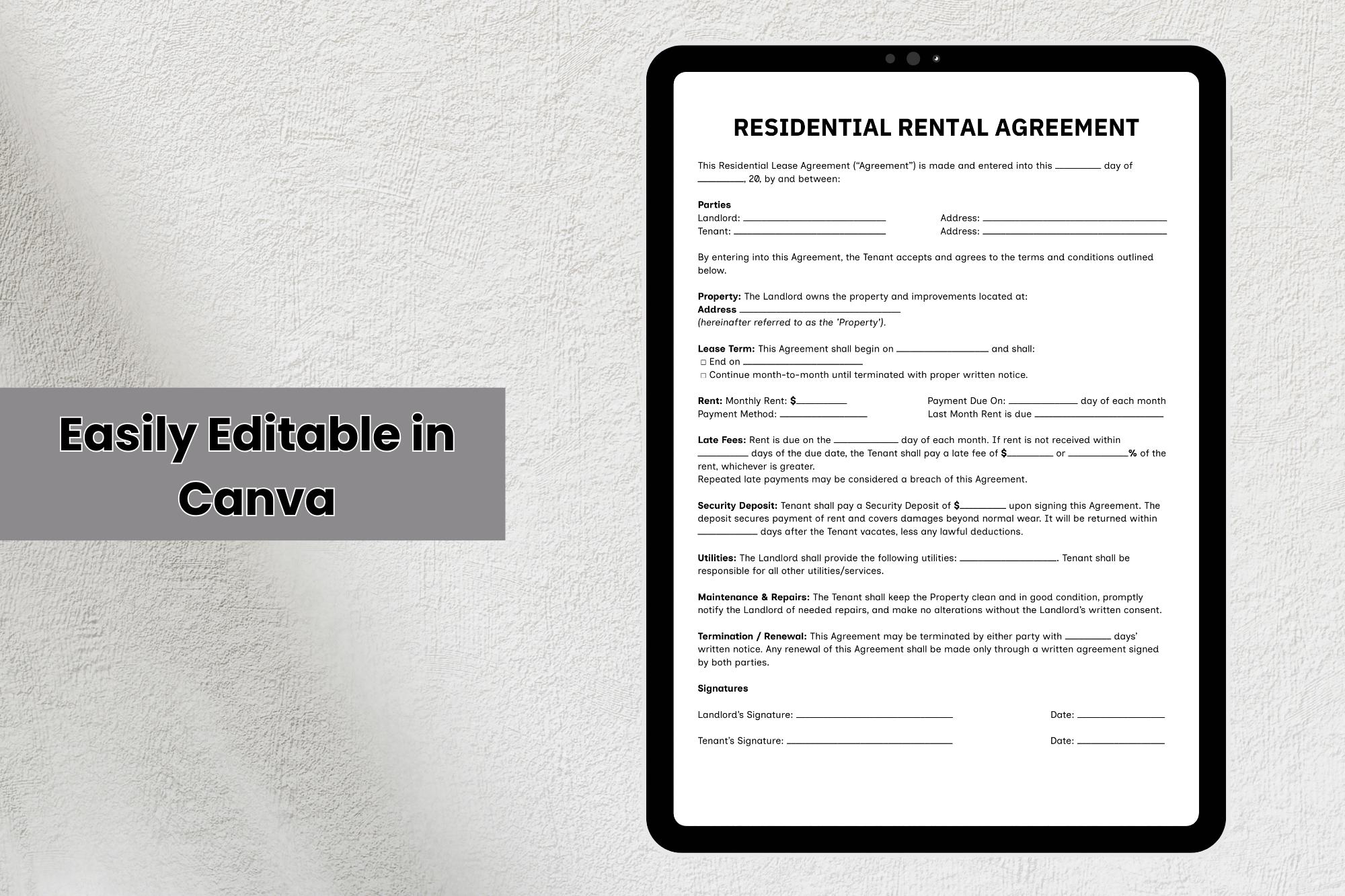 Editable Residential Rental Agreement Template: Landlord Lease (word ...