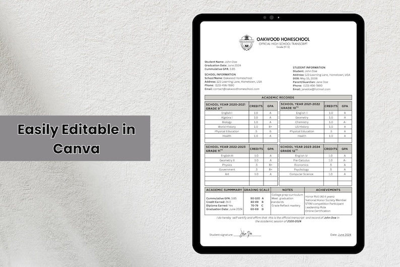 Editable Homeschool Transcript Template: High School Record PDF Canva ...